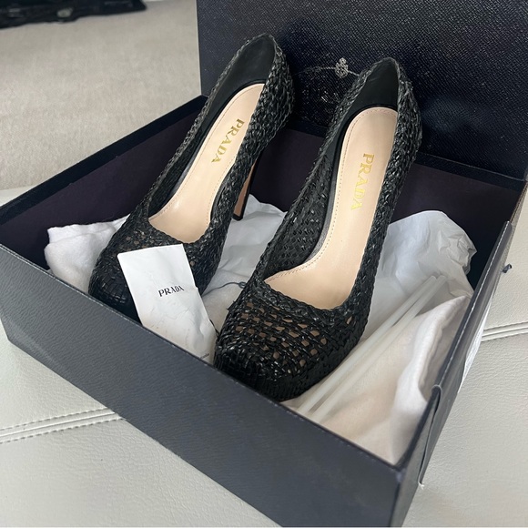Prada | Shoes | Prada Black Woven Leather Madrasplatform Pumps Size 4 ...